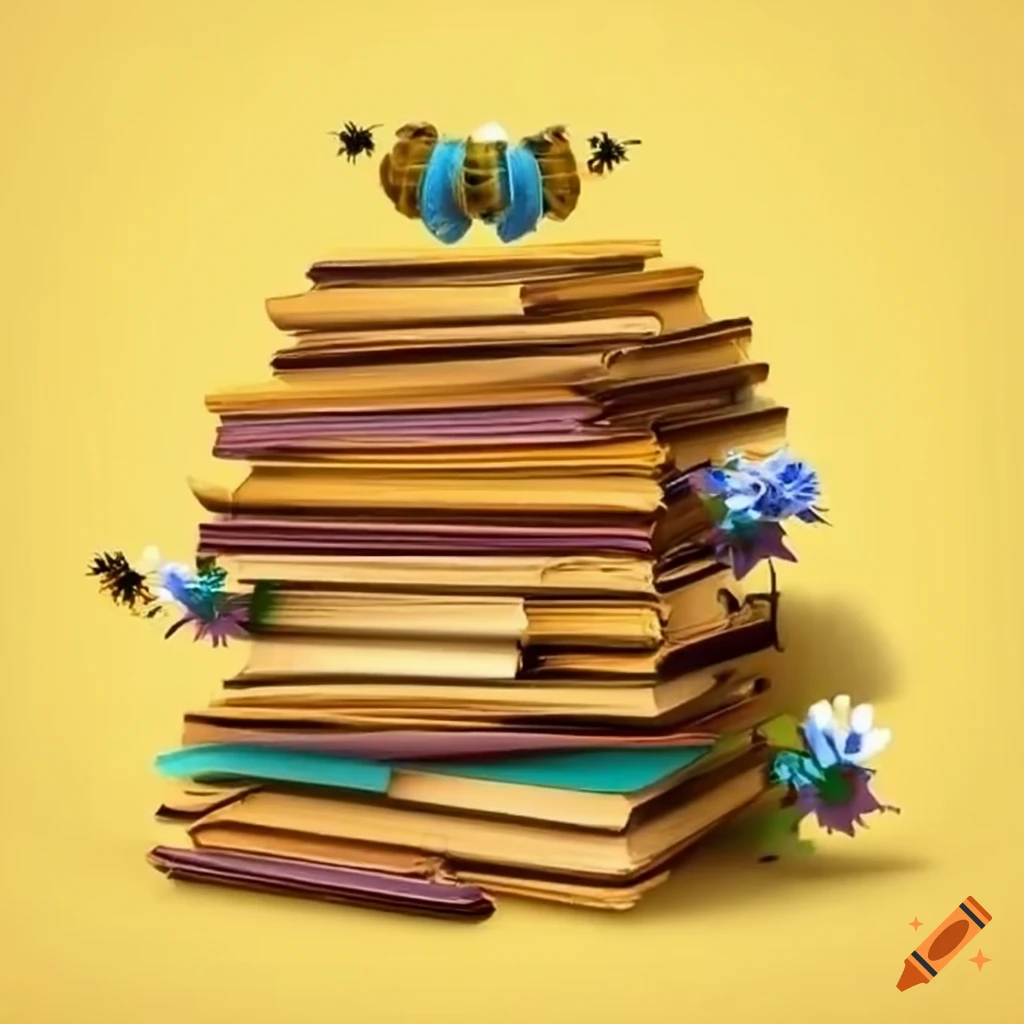 Stack of books shaped like a beehive with flowers and bees on Craiyon