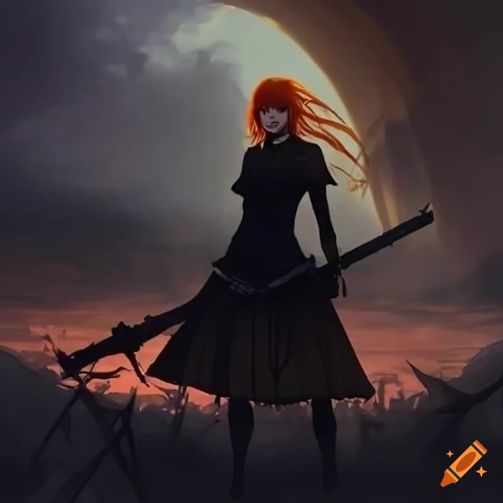 Apocalyptic anime scene with a goth woman in a kilt holding a claymore ...