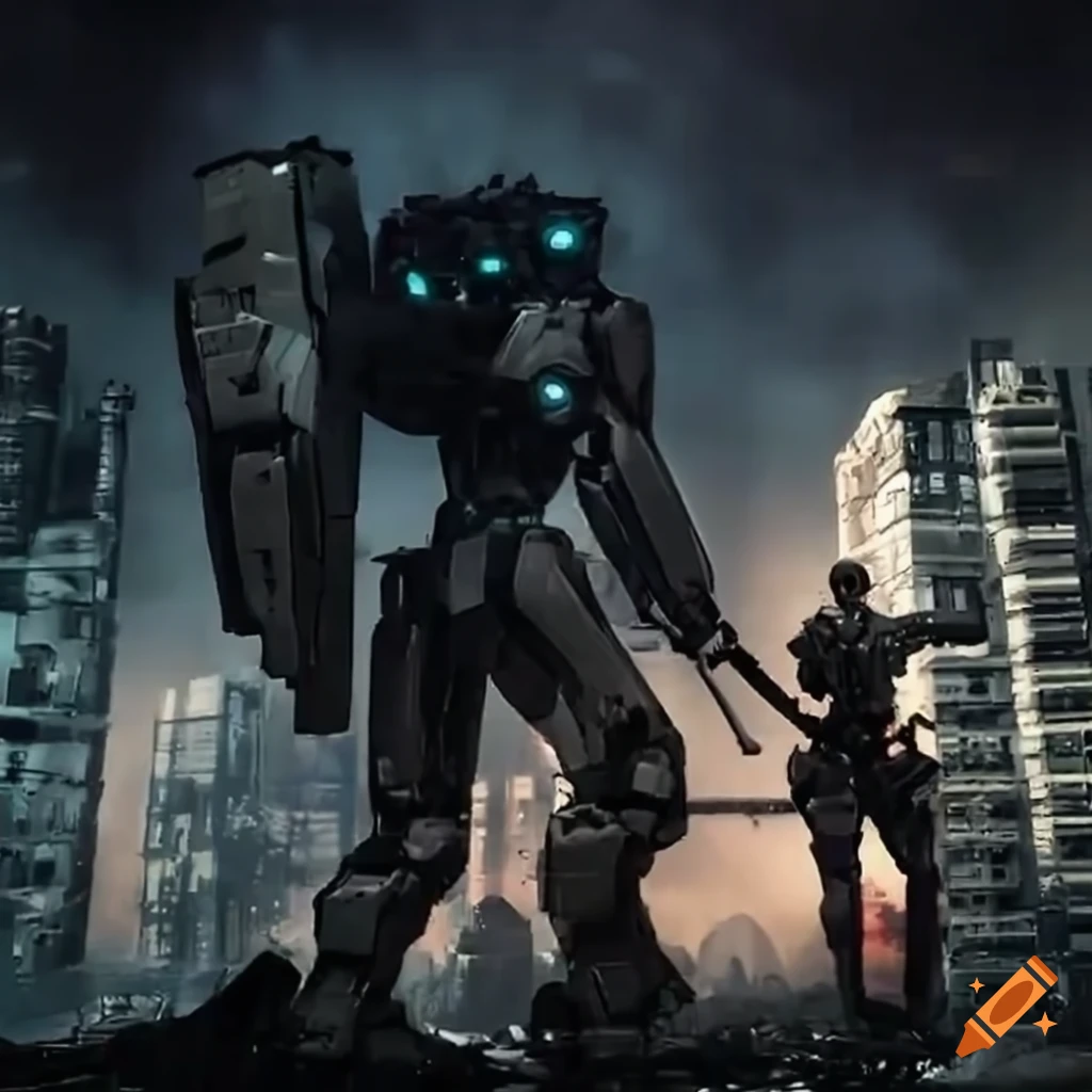Cyber mecha battling in a ruined cityscape on Craiyon
