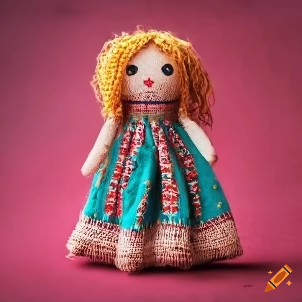 Colorful cute rag dolls on fabric canvas with a concrete background on ...