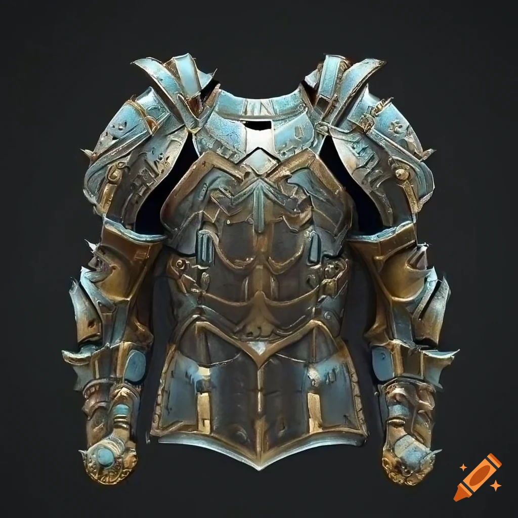 Close-up of adorned heavy body armor from the front on Craiyon