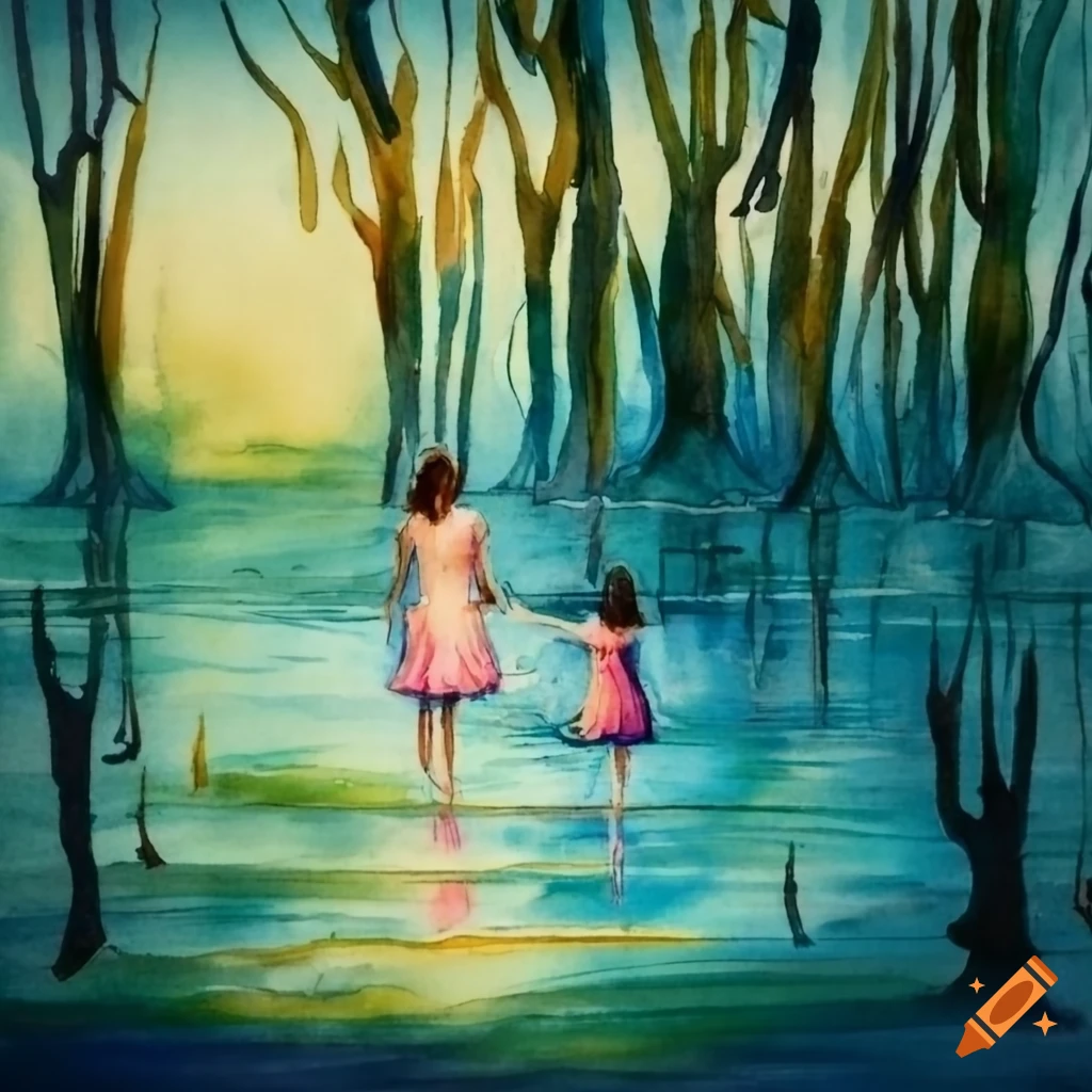 Two sisters holding hands in a serene swamp landscape on Craiyon