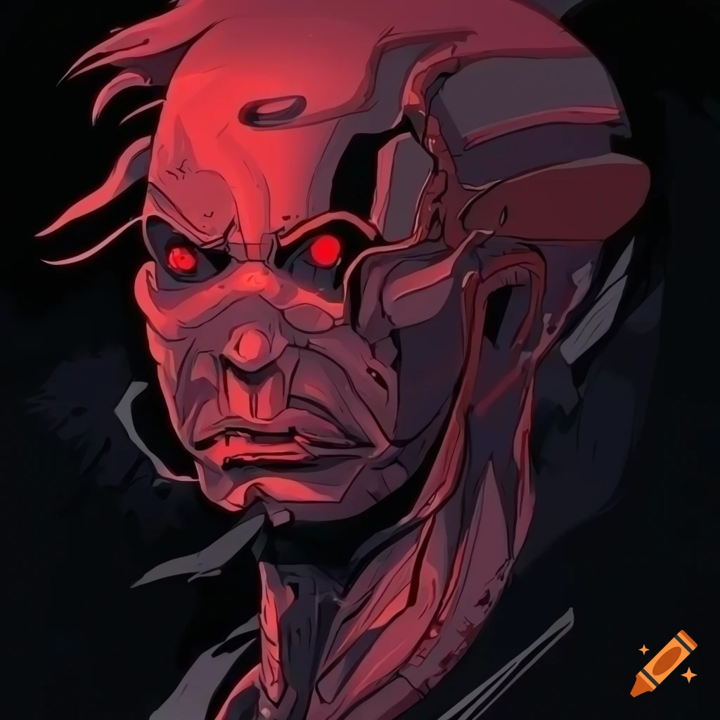 Cyborg crime lord with red eyes in vector art style on Craiyon