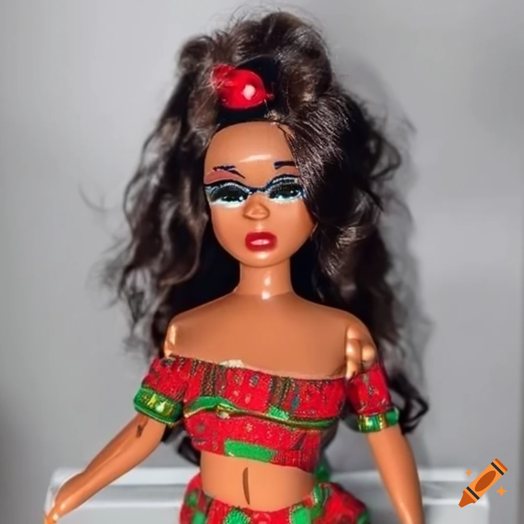 Native baddie doll in green and red traditional dress with dark brown ...