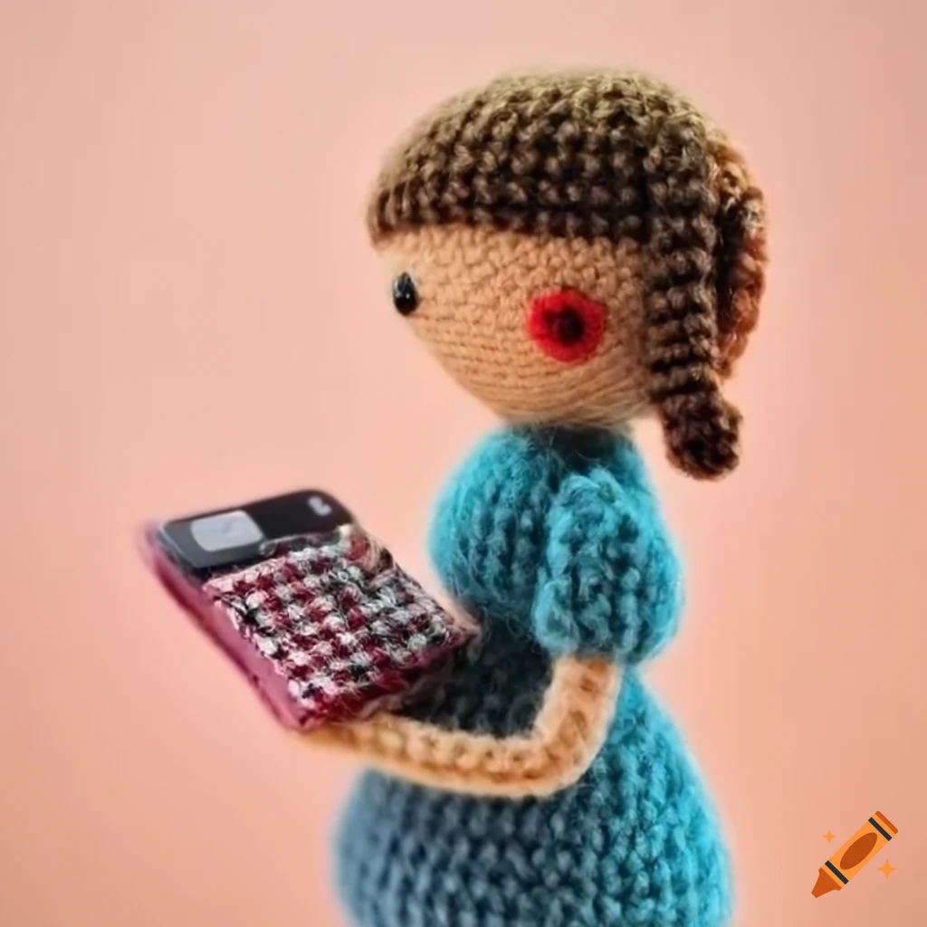 Mystery doll typing on iPhone in felted wool amigurumi style on Craiyon