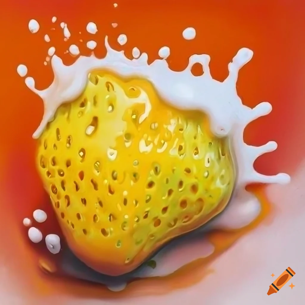 White splattered paint on a yellow strawberry in a unique artistic ...
