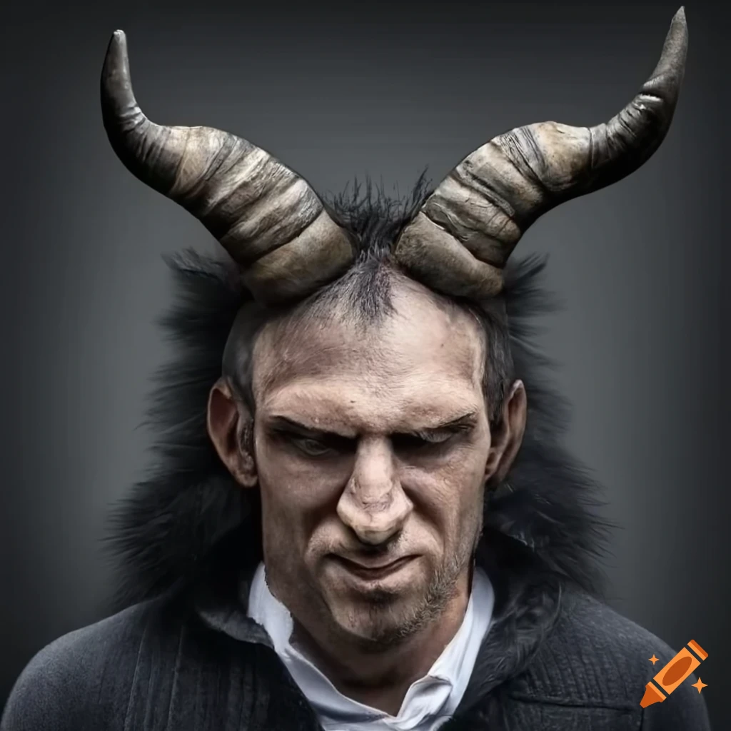 Dark goat-headed man with curled horns in a tall full body shot on Craiyon