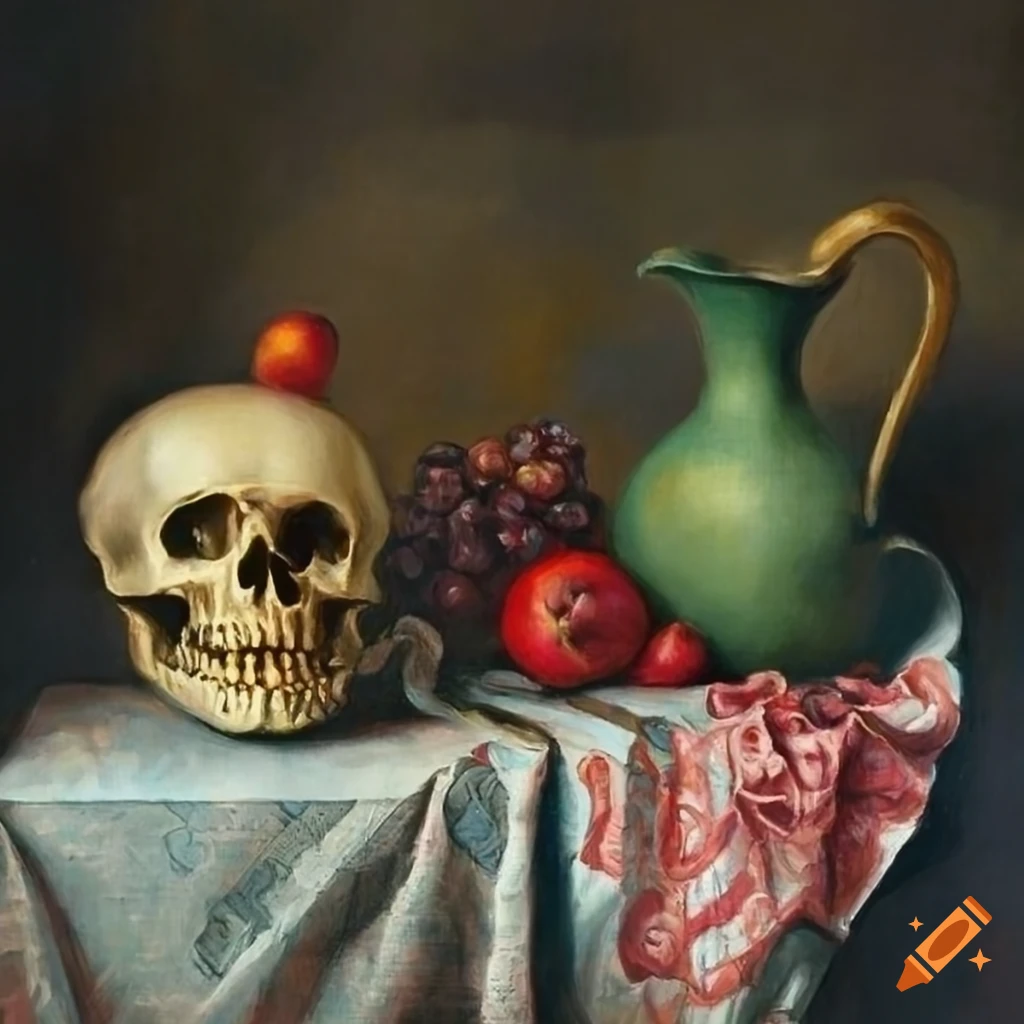 Still life with tablecloth, pitcher, fruit, and skull on Craiyon