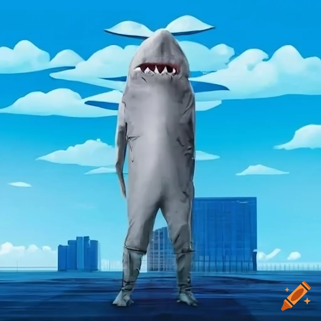 Giant man in shark costume overlooking a cityscape on Craiyon