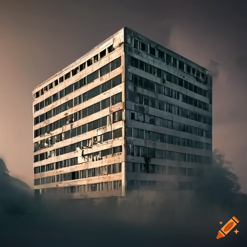 Abandoned office building facade on Craiyon