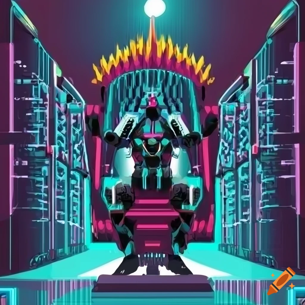 Futuristic robot emperor sitting on a supercomputer throne in neon ...