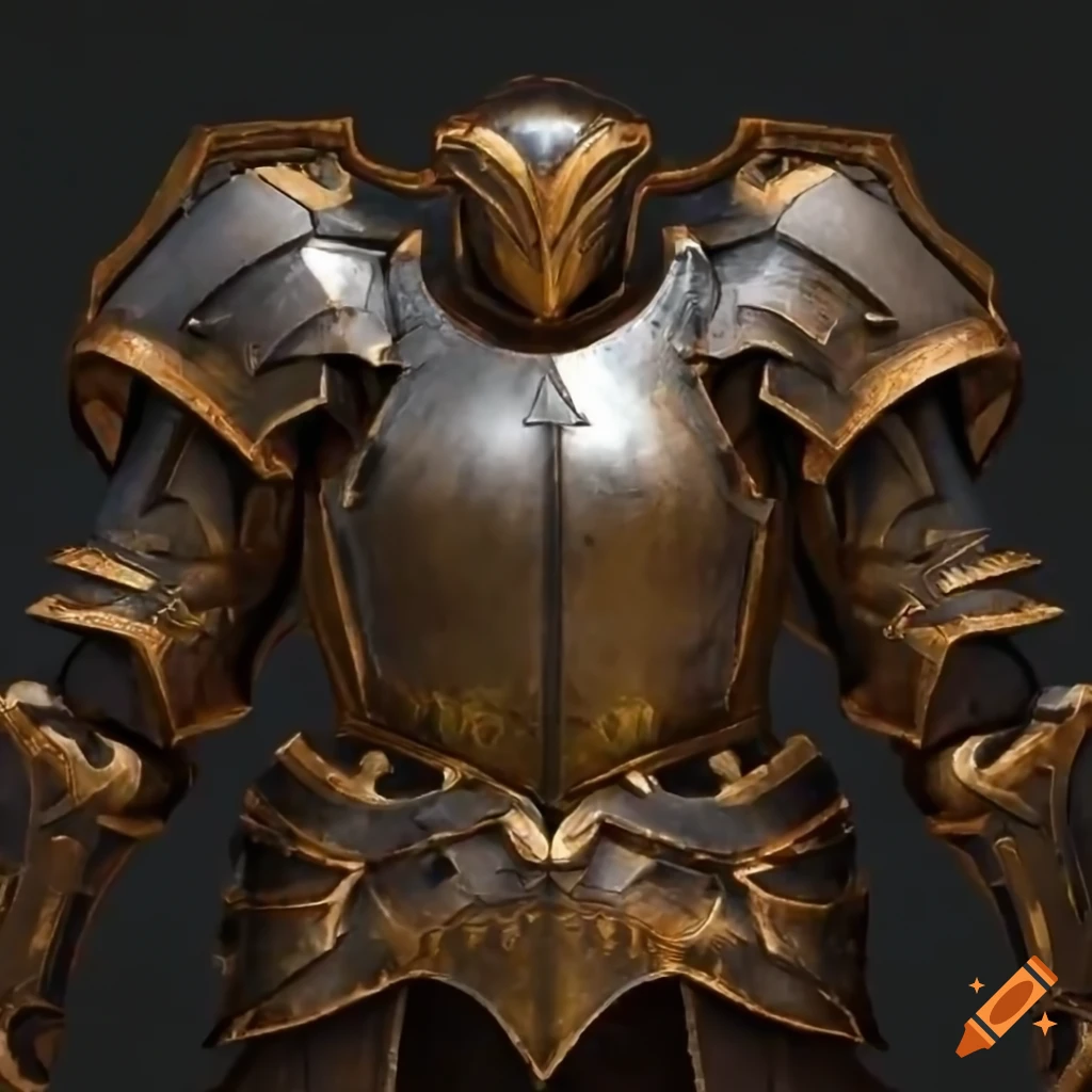 Close-up of adorned heavy body armor viewed from the front on Craiyon