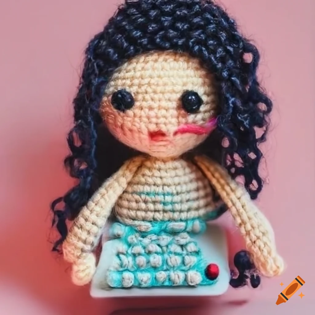 Mystery doll typing on iPhone in felted wool amigurumi style on Craiyon