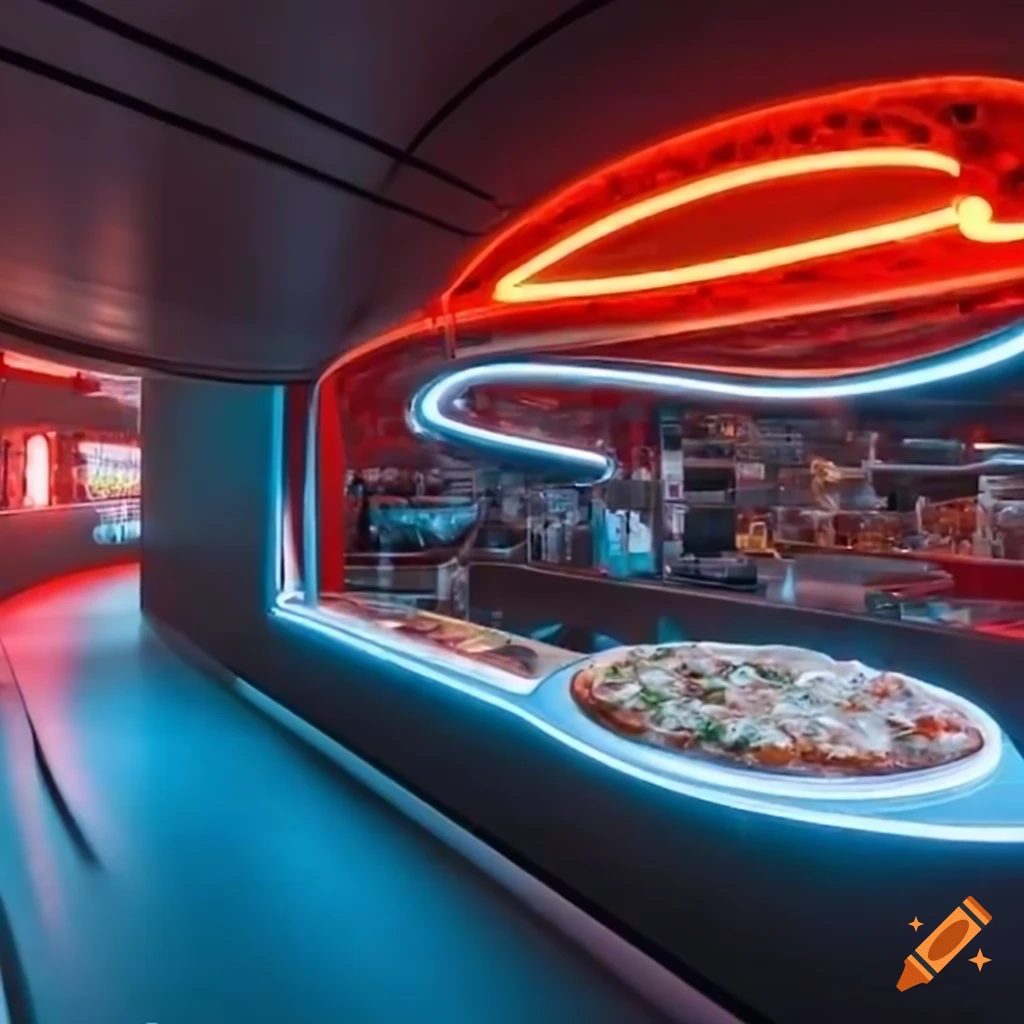 Futuristic pizza parlor with neon lights and advanced technology on Craiyon