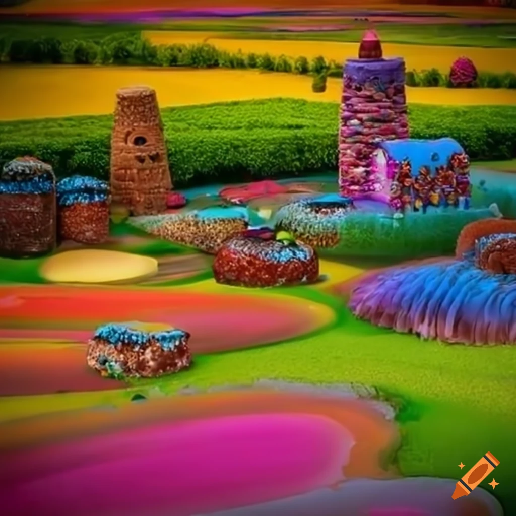 Colorful landscape with towering cakes and pastries on Craiyon