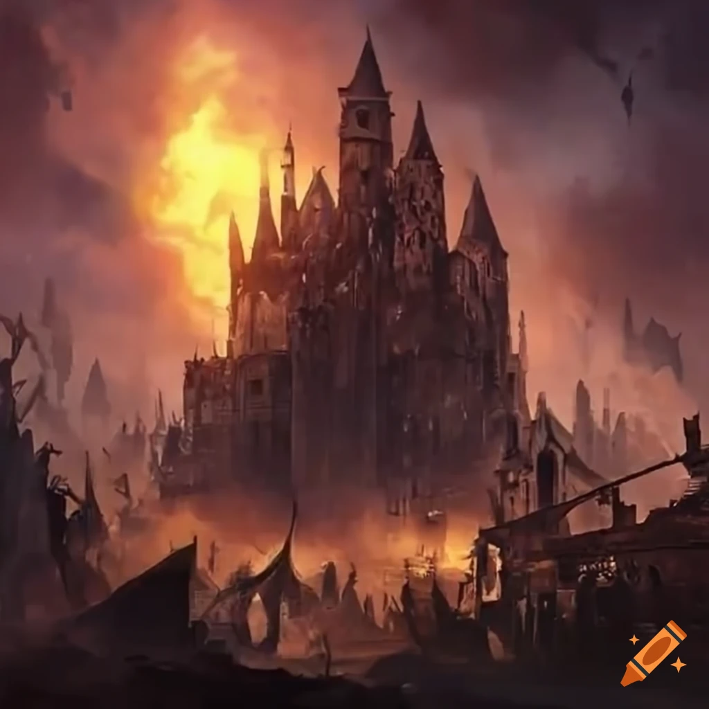 Medieval city under siege by monsters with a big battle scene on Craiyon