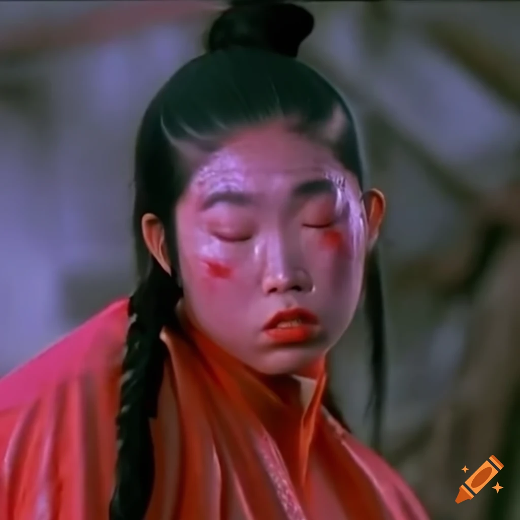 Expressive closeup of dizzied female kung fu fighter in an 80's movie ...