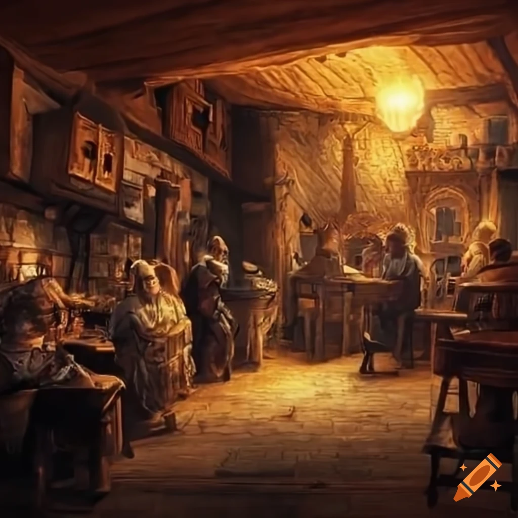 Wide and crowded medieval tavern scene on Craiyon