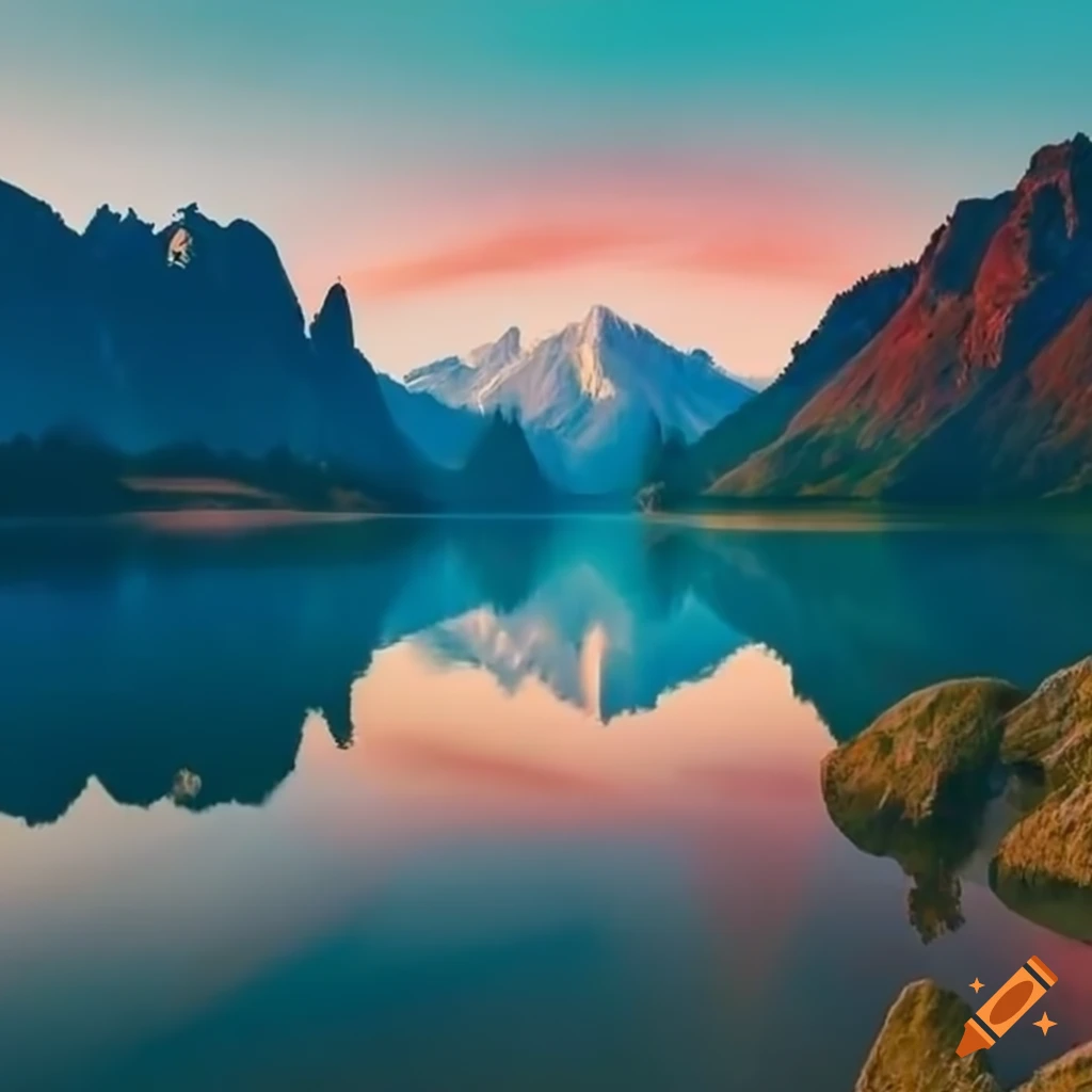 Spectacular calming sunset lake surrounded by towering mountains on Craiyon