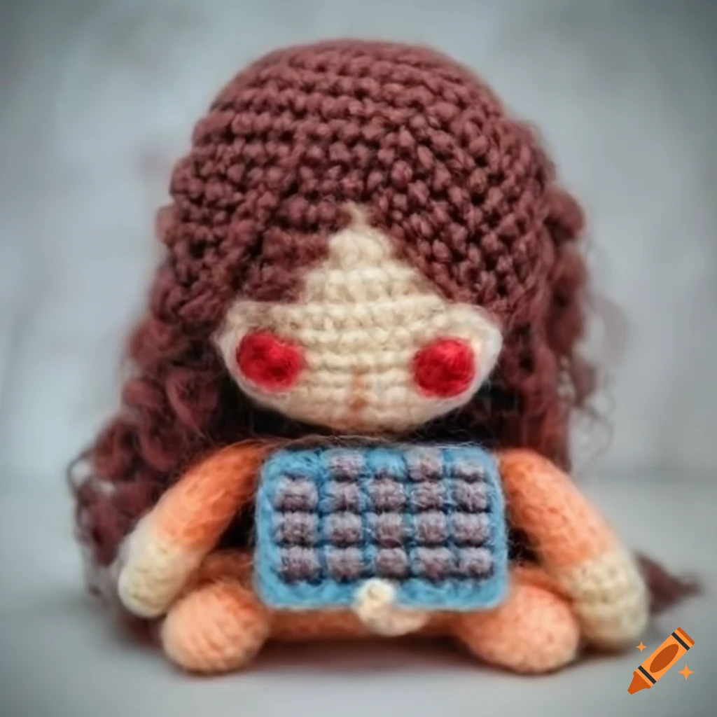 Mystery doll typing on iPhone in felted wool amigurumi style on Craiyon