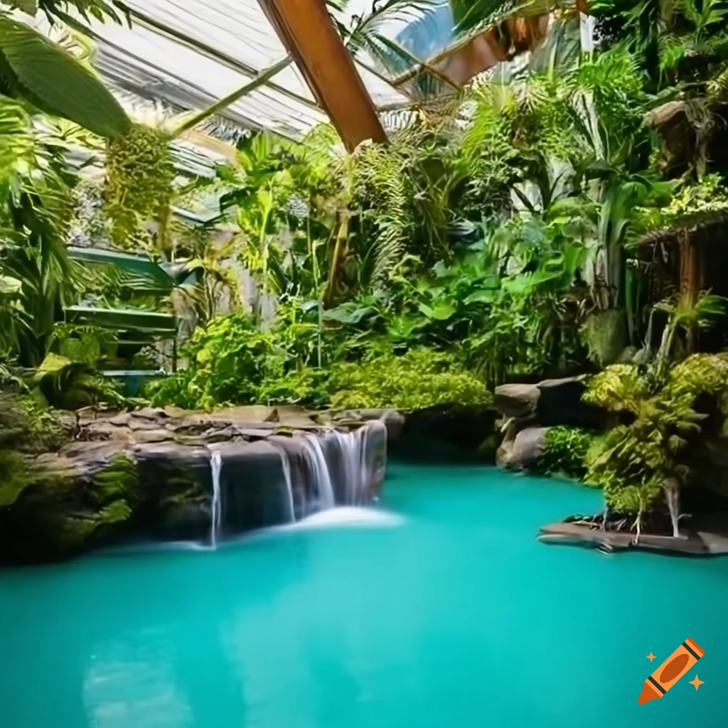 Tropical greenhouse with pool, waterfall, and lush vegetation on Craiyon