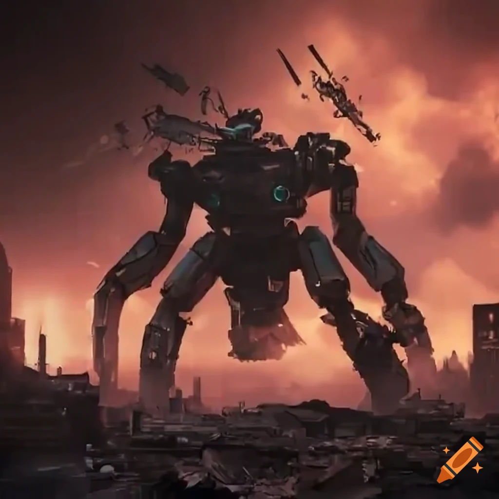 Cyber mecha battling in a ruined cityscape on Craiyon