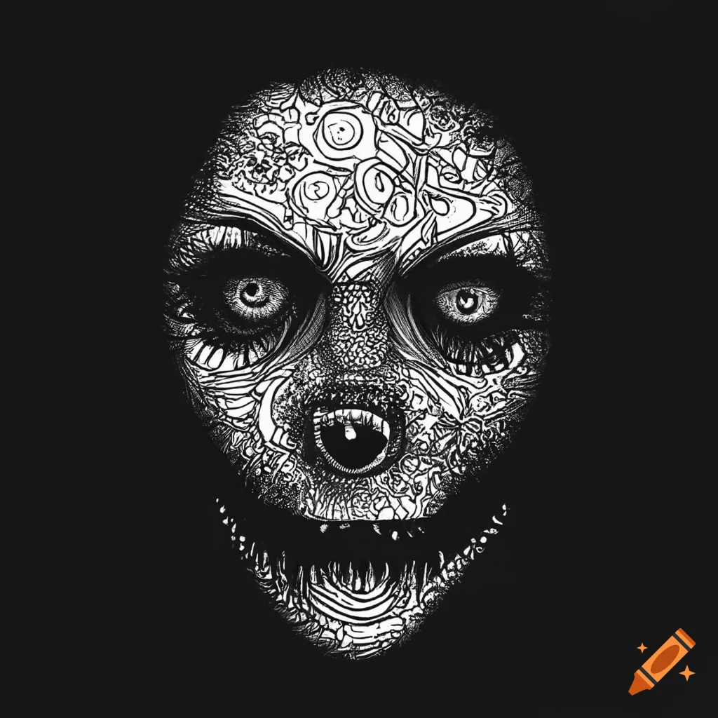 Eyes and creepy face outline on coloring page with scratchy lines on ...
