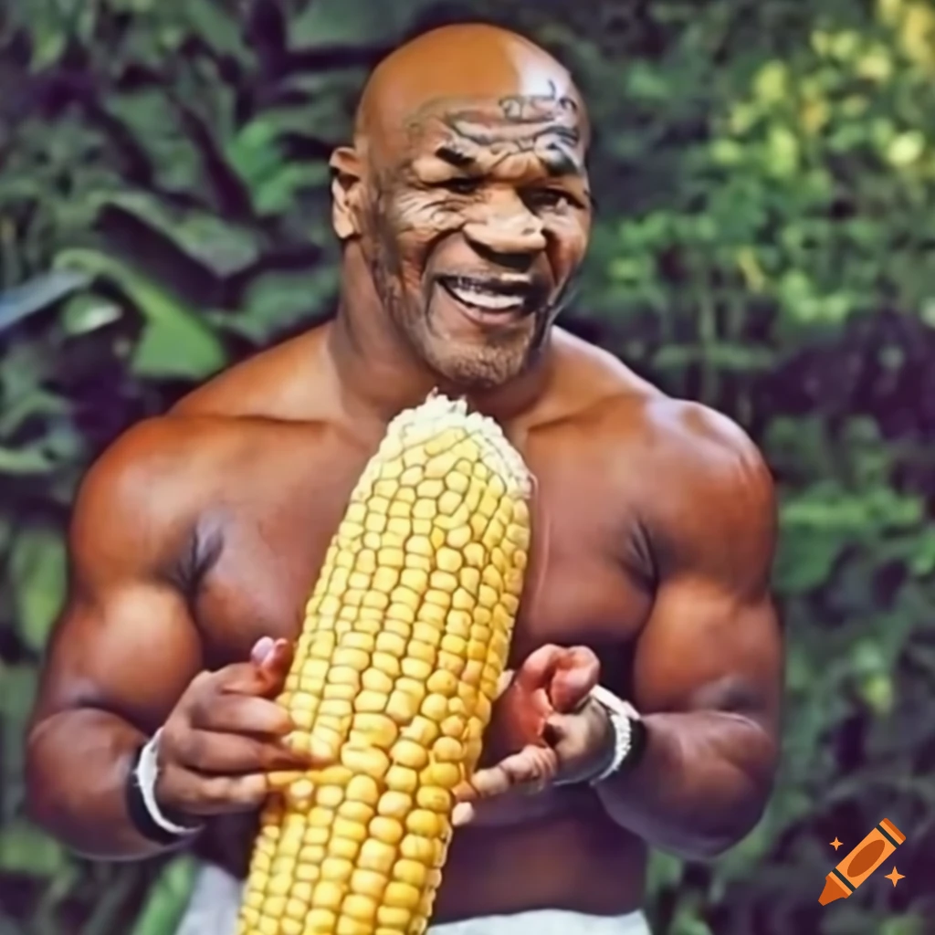 Iconic boxer Mike Tyson as a hippie enjoying corn on the cob on Craiyon