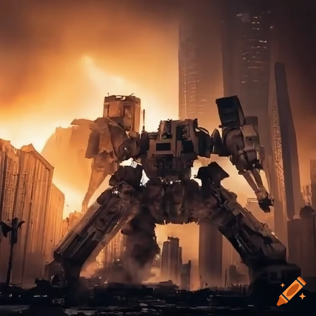 Mecha warband fighting in a modern ruined city with smog and explosions ...