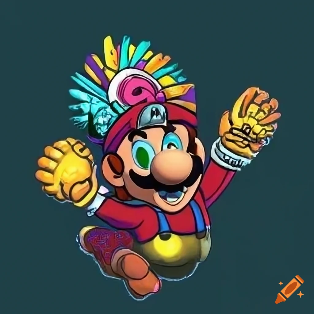 Iconic Mario character fused with vivid Mayan art inspiration on Craiyon