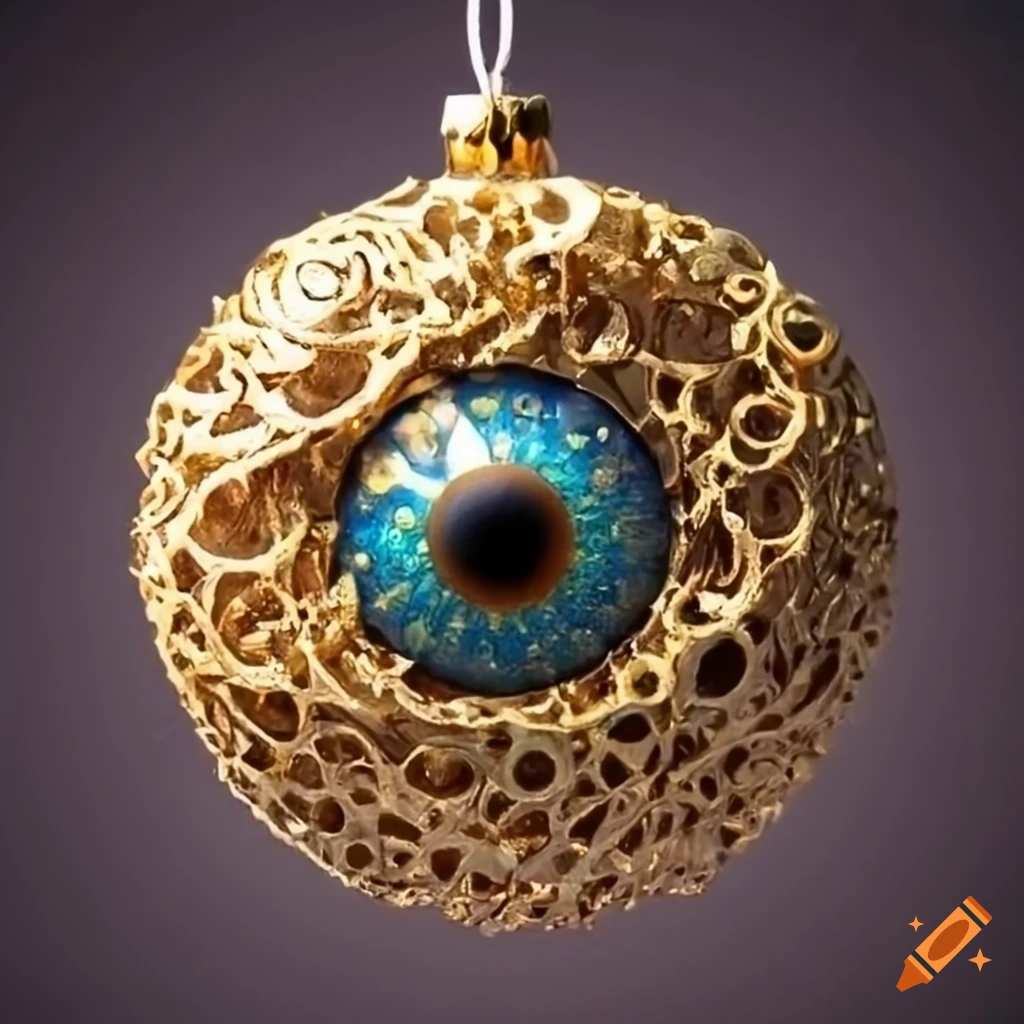 Eyeball themed gold ornament with jewelry details on Craiyon