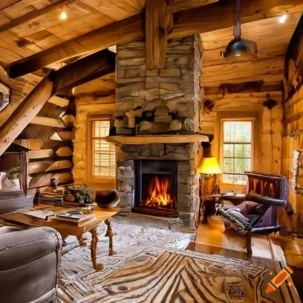 Cozy rustic cabin living room with roaring fireplace and snow falling outside on Craiyon