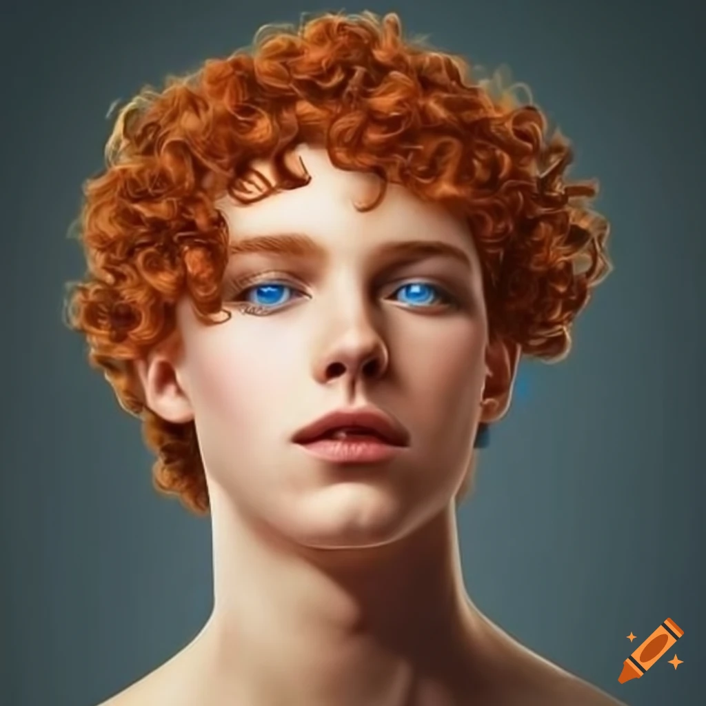 Greek god with curly ginger hair and blue glowing eyes on Craiyon