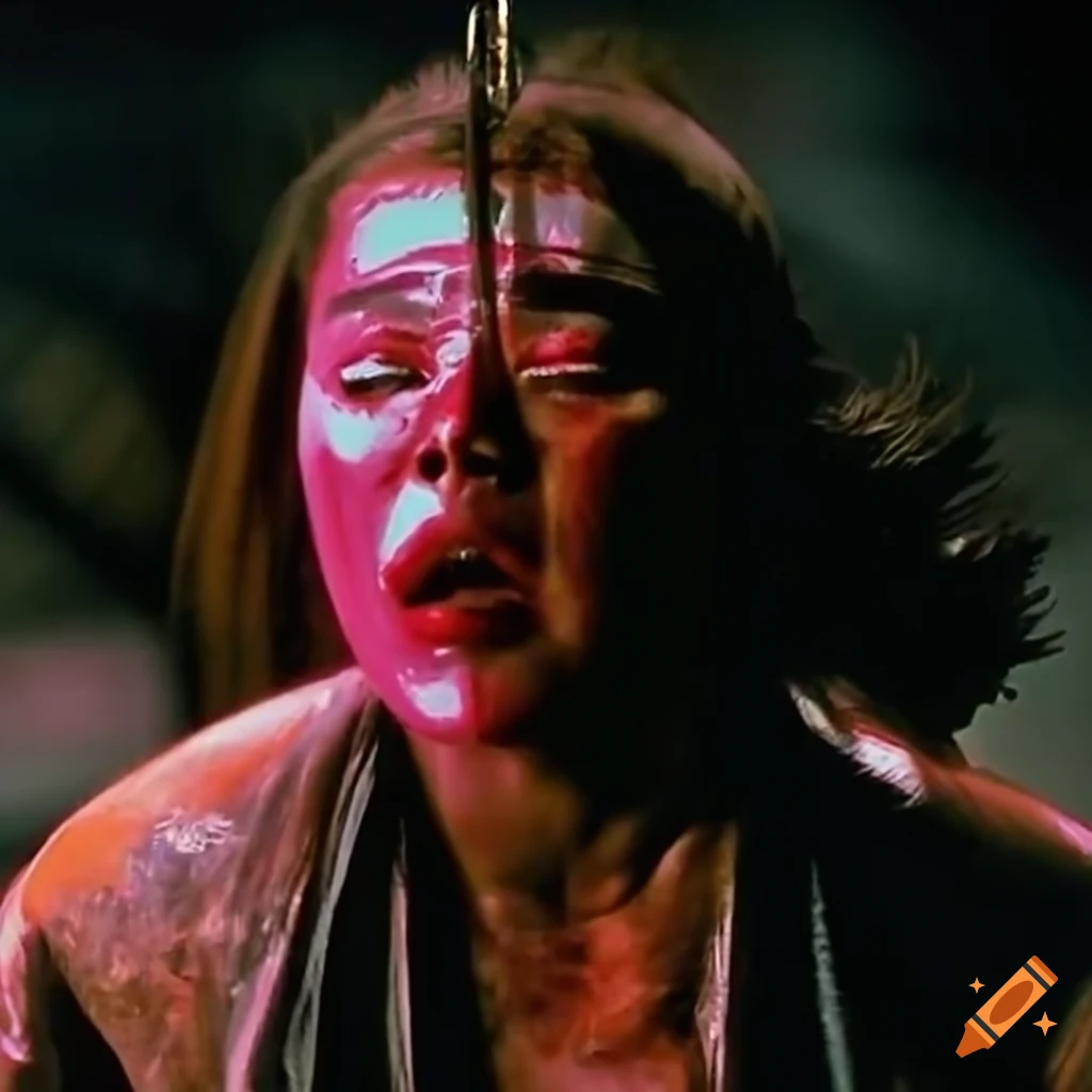 Expressive closeup of a dizzied martial artist in an 80's movie scene ...