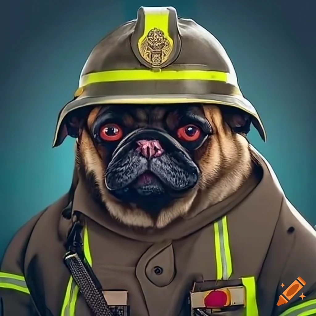 Mythical sasquatch in firefighter suit walking with miniature pug on ...