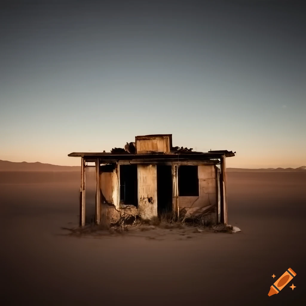 High-resolution photo of a deserted desert waystation under high noon ...