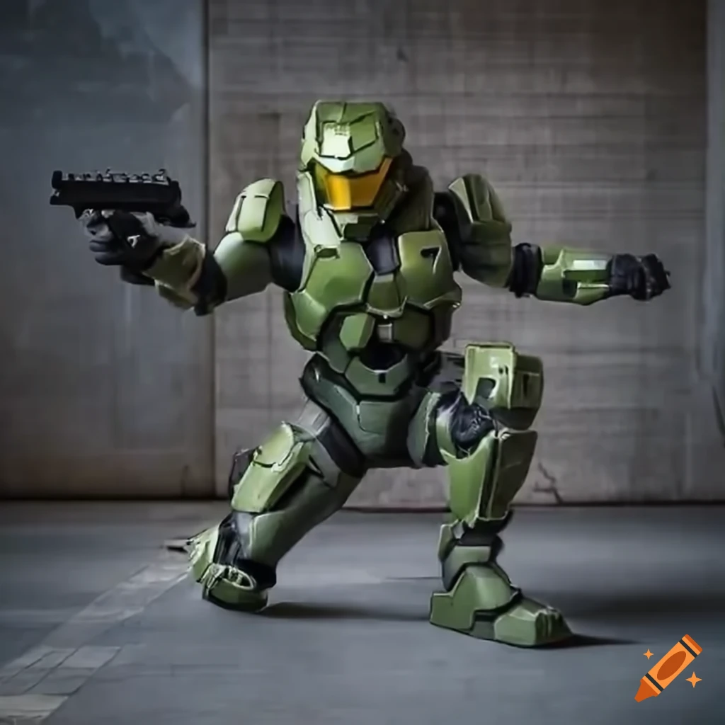 Master chief striking a superhero landing pose with a pistol on Craiyon