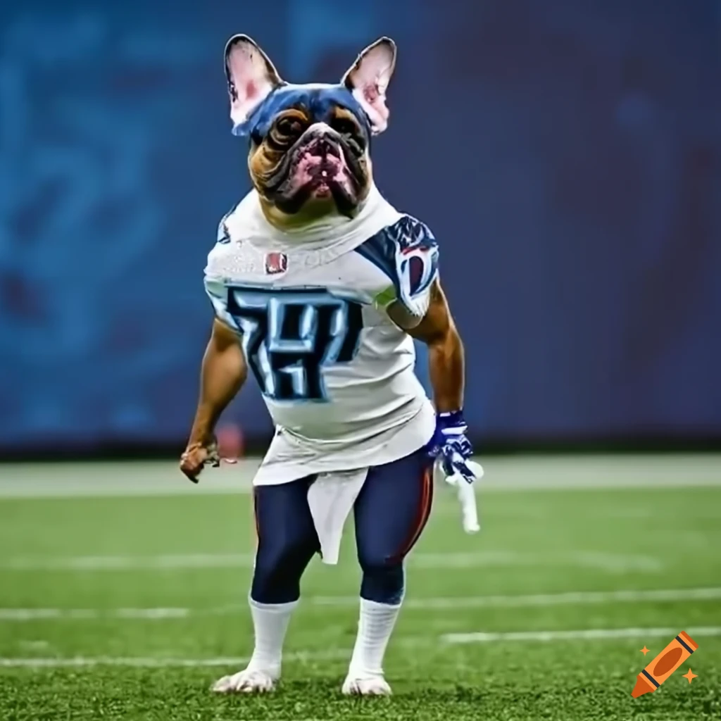 French bulldog in nfl titans uniform playing in a stadium on Craiyon