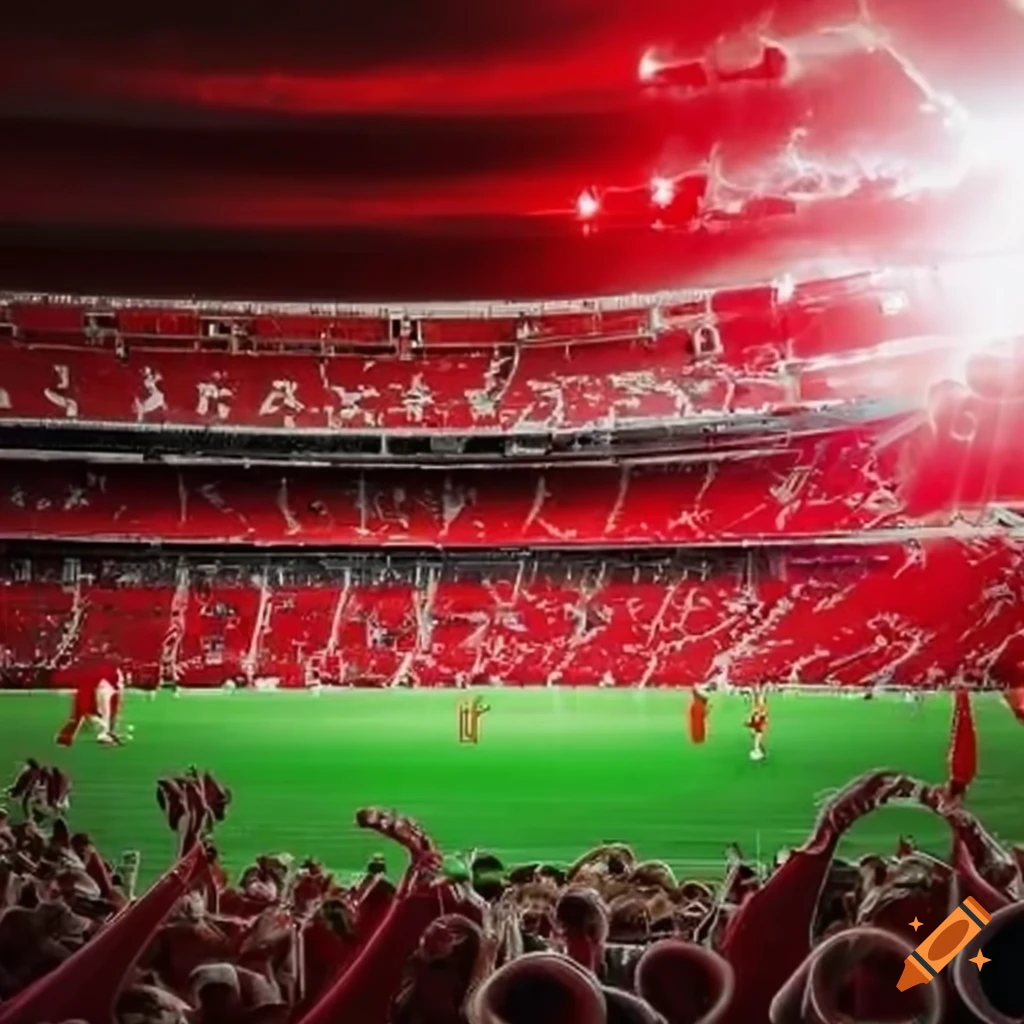 Large football stadium with packed fans, red flares, and big red flags ...