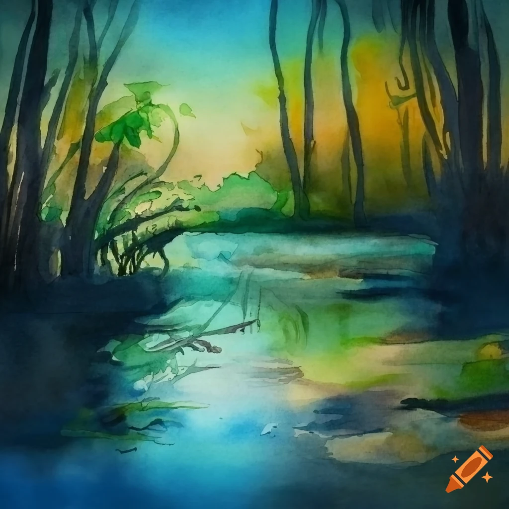 Serene depiction of two girls holding hands in a swamp painted in ...