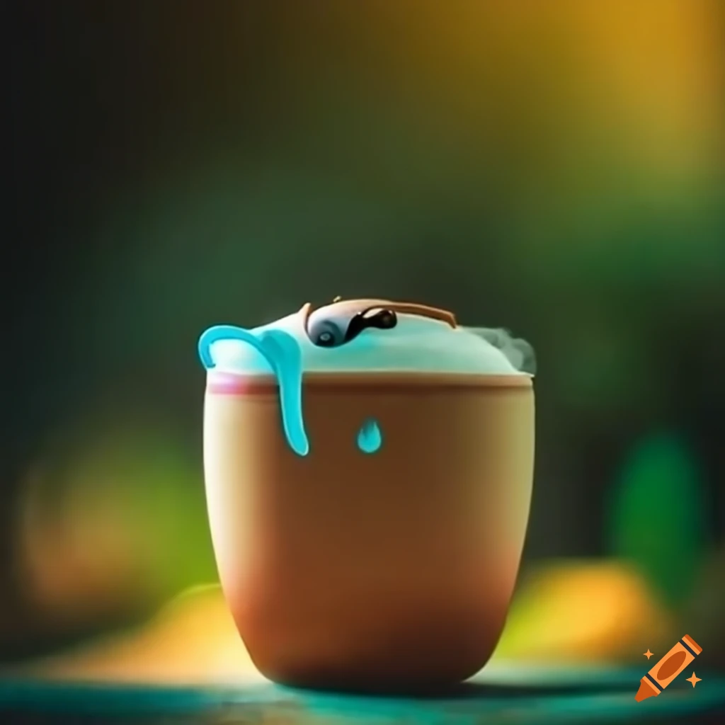 Whimsical cartoon coffee creature by a serene waterfall on Craiyon