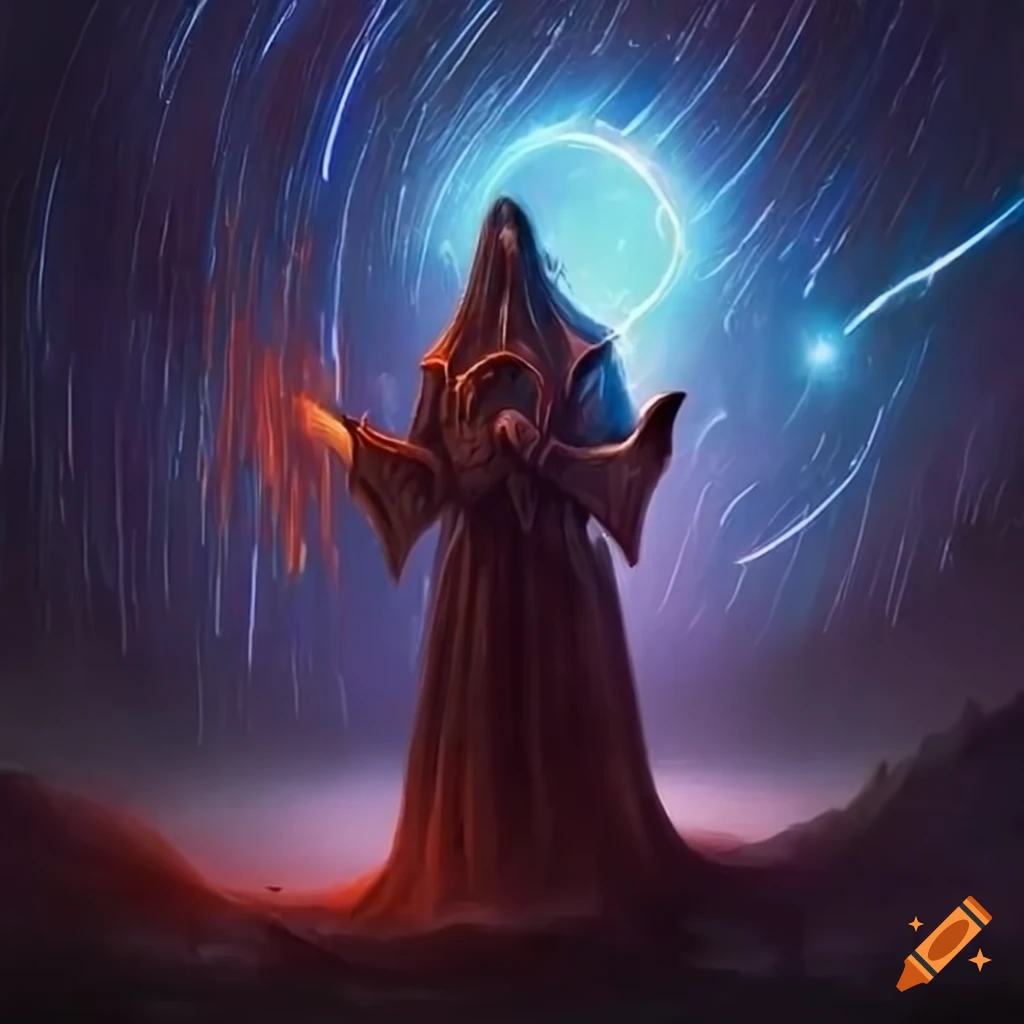 Phyrexian sorcerer summoning a meteor shower in a mystical landscape on ...