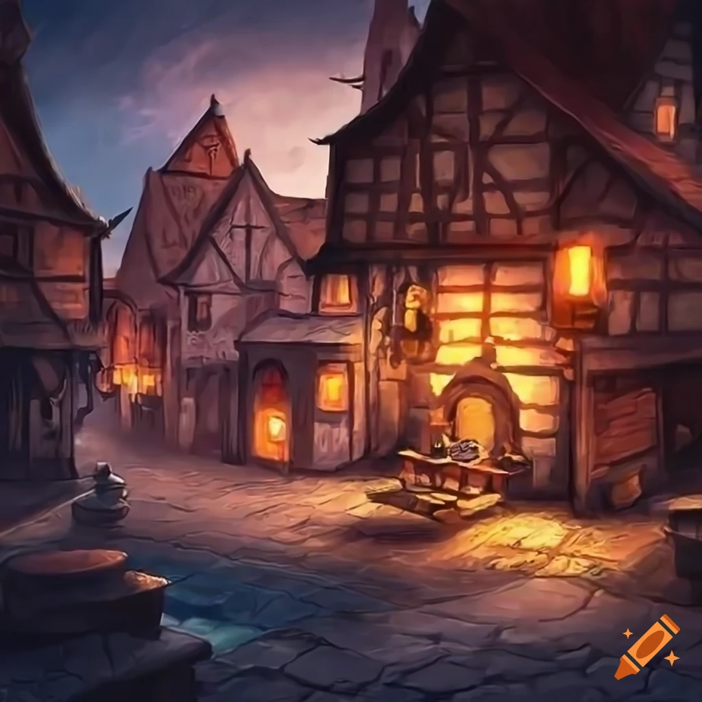 Medieval village with alchemist shop, blacksmith, tavern, and marketplace on Craiyon