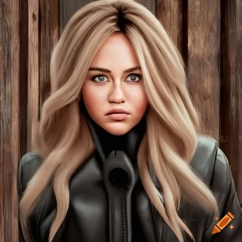 Blonde singer in a aged-brown sheepskin bomber jacket and black leather ...