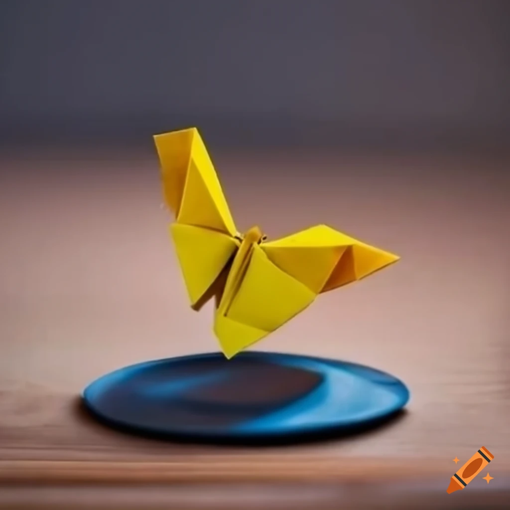 Yellow origami butterfly on round pad on wooden desk on Craiyon