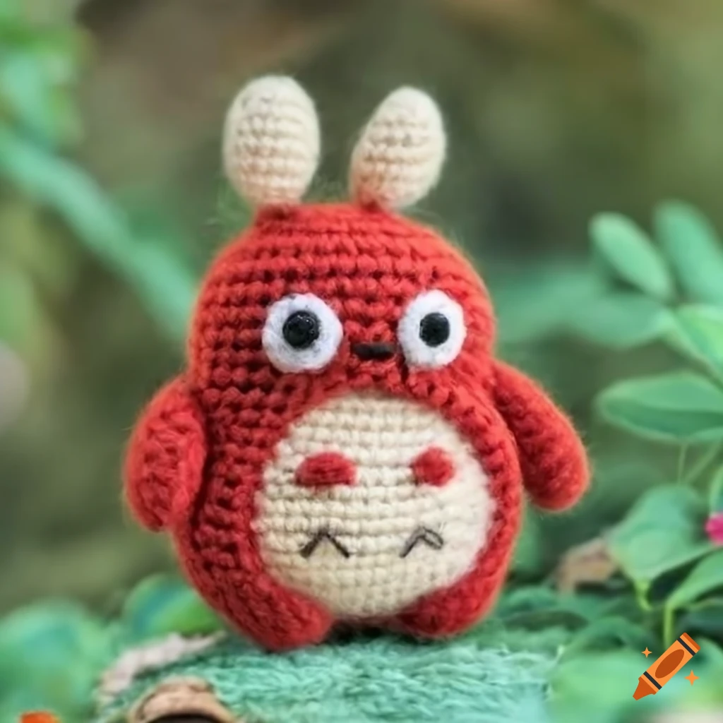 Cute red Totoro soft toy in a garden landscape on Craiyon