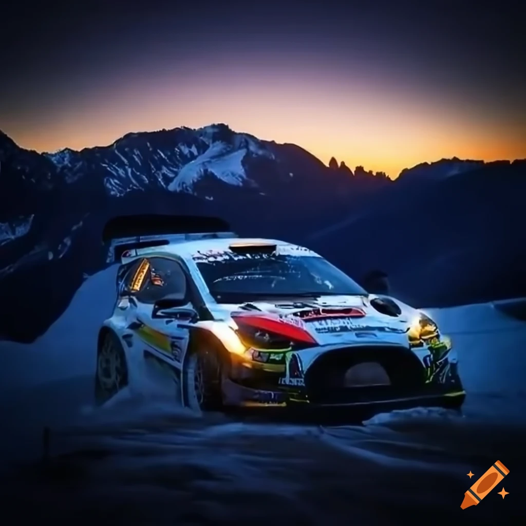 Rally car racing on tight turns in Monte Carlo at night on Craiyon