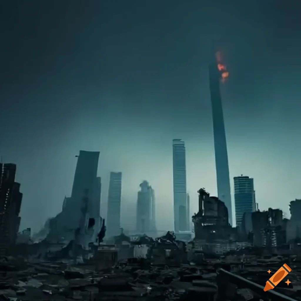 Mecha advancing in a ruined modern city with smog and explosions on Craiyon