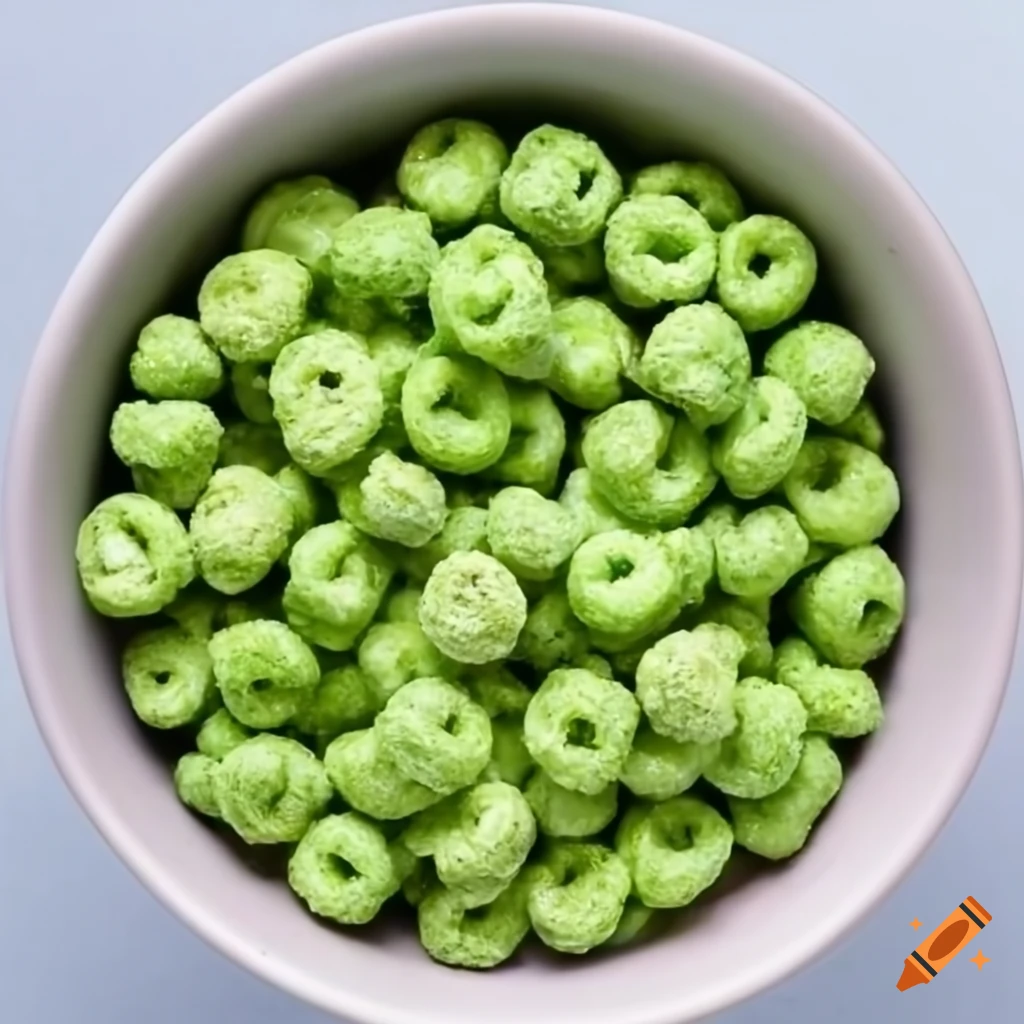 Green crunchy cereal balls in a bowl on Craiyon