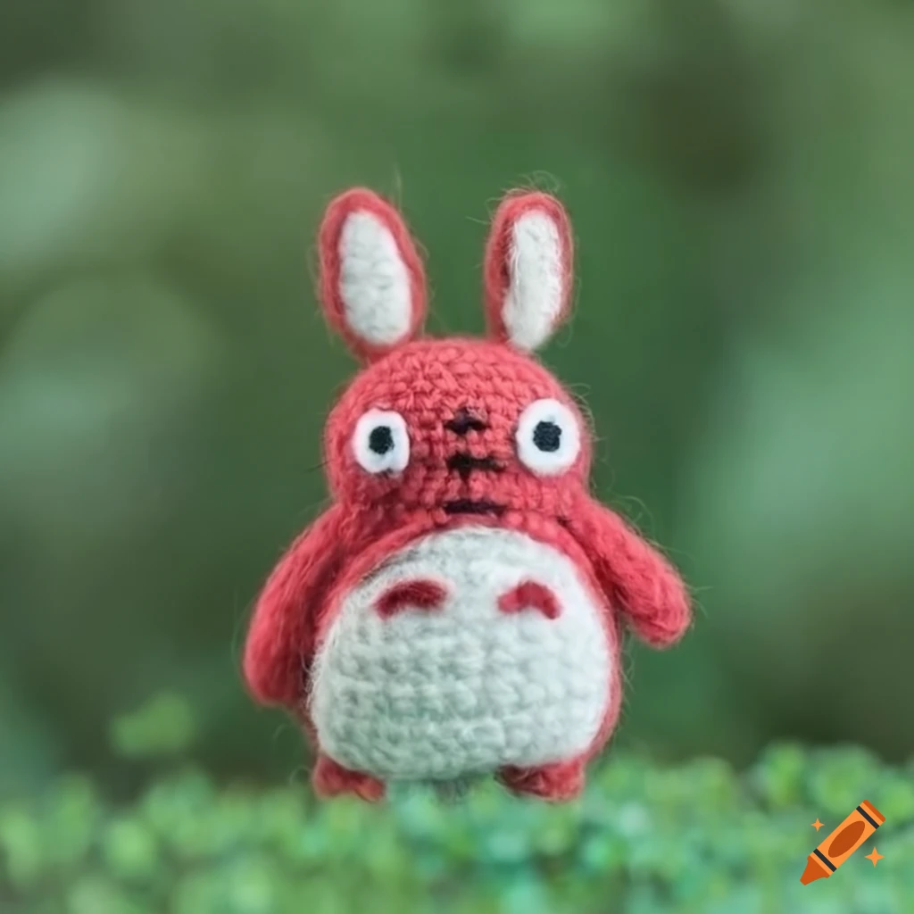 Amigurumi felted wool red Totoro toy in garden landscape on Craiyon